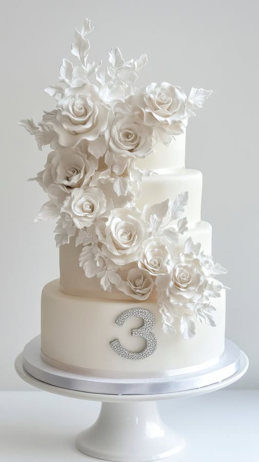 Elegant Three-tier White Rose Cake with Number Decoration on Stand ...