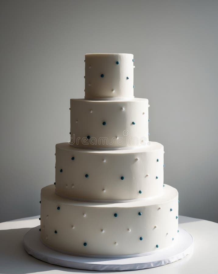 Elegant Three Tiered Wedding Cake with Blue and White Dots Stock Photo ...