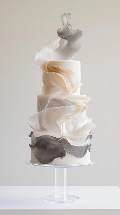 Elegant Tiered Cake with Flowing Decorative Elements in Neutral Tones ...
