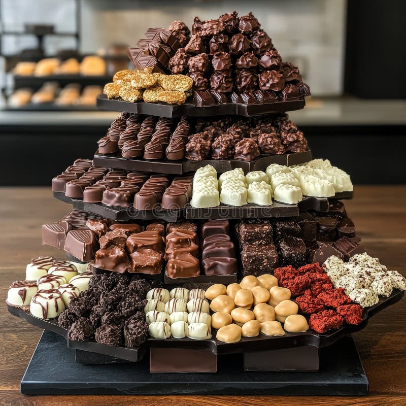 Elegant Tiered Chocolate Assortment on Display Stock Image - Image of ...