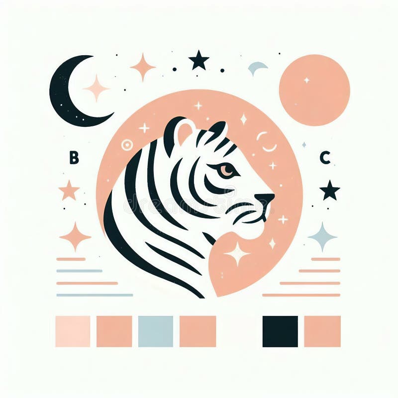 Elegant Tiger Profile Surrounded by Celestial Elements and Color ...