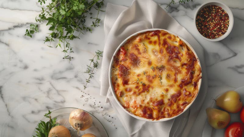 Elegant Top Down View of Steaming Chicken Lasagna on Tablecloth Against ...