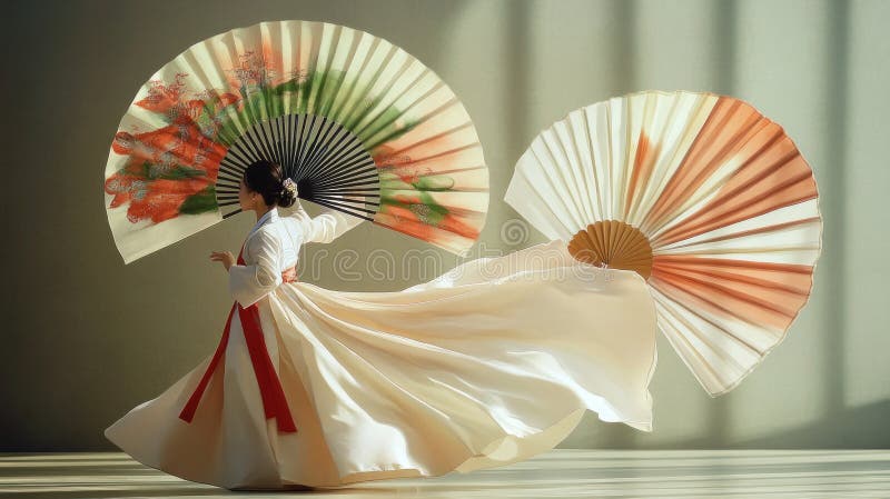 Elegant Traditional Dance with Flowing Fans and Graceful Movement in a ...