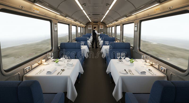 Elegant Train Dining Car Interior with Tables Set for Service and ...