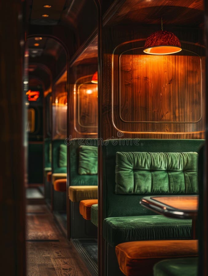 Elegant Train Interior with Green Seats and Warm Lighting Stock Photo ...