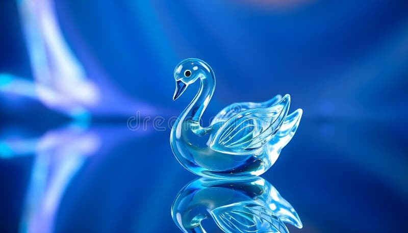 Elegant Transparent Glass Swan with Blue Tint on Reflective Surface ...