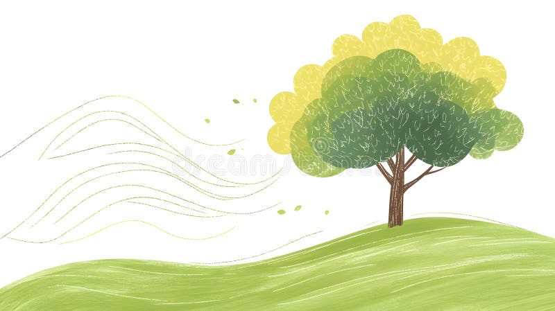 Elegant Tree on Green Hill with Flowing Breeze in Artistic Landscape ...