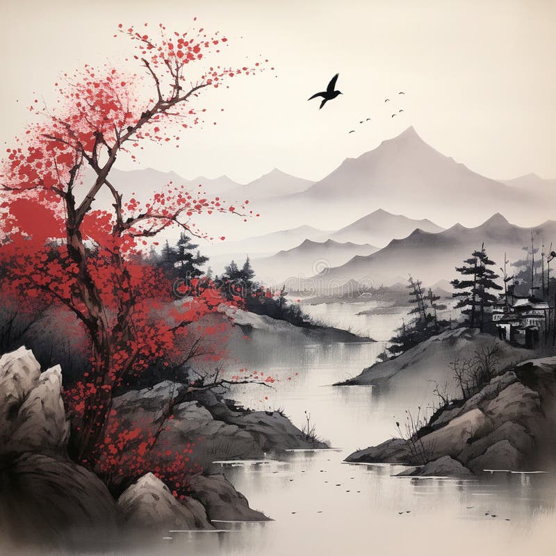 Elegant Tree Sumi-e Ink Painting Stock Illustration - Illustration of ...