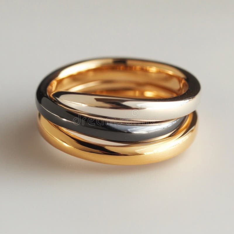 Elegant Tri-color Gold and Silver Interlocking Rings on Smooth Surface ...