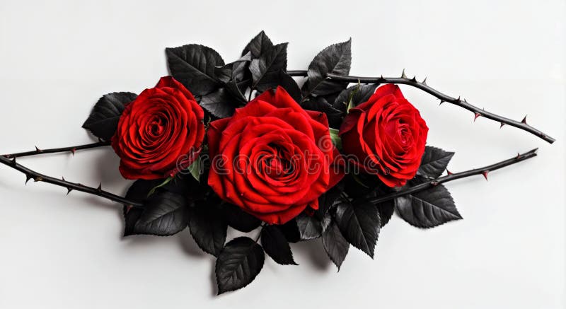 Elegant Trio of Red Roses with Black Thorns on White Background Stock ...