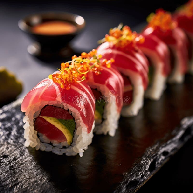 Elegant Tuna Sushi Roll Garnished with Vibrant Toppings Stock Photo ...