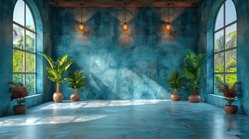Elegant Turquoise Interior with Large Windows and Plants in a Serene ...