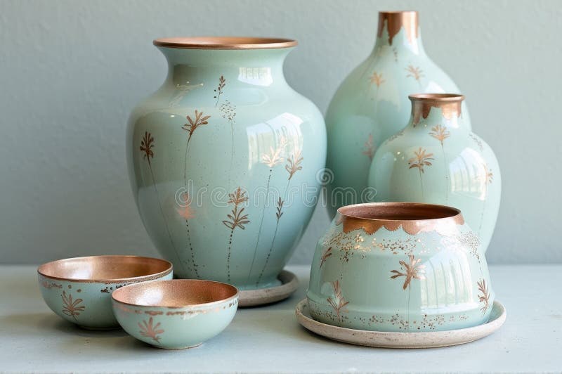 Elegant Turquoise Pottery Collection with Gold Detailing on Display ...