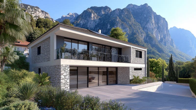 Elegant Two-story Villa with Large Windows and Stone Cladding ...