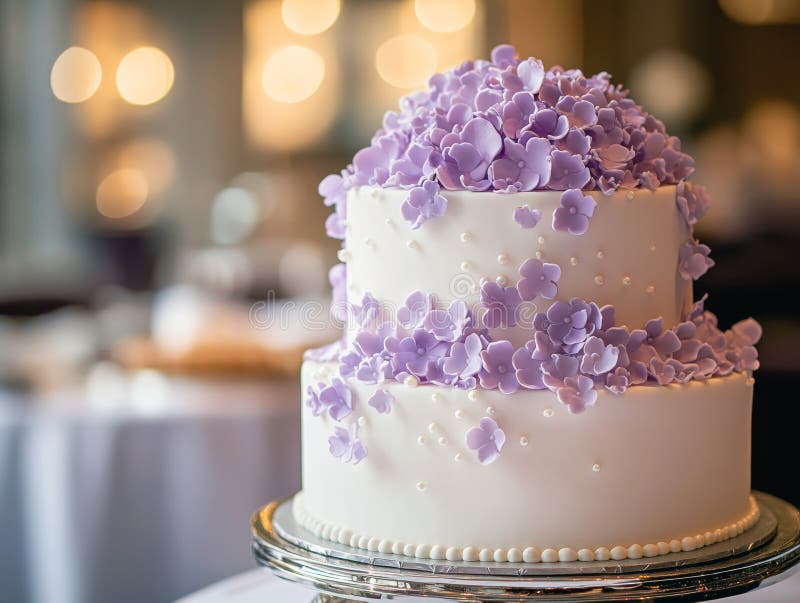 Elegant Two-tier White Wedding Cake with Purple Flower Decorations ...