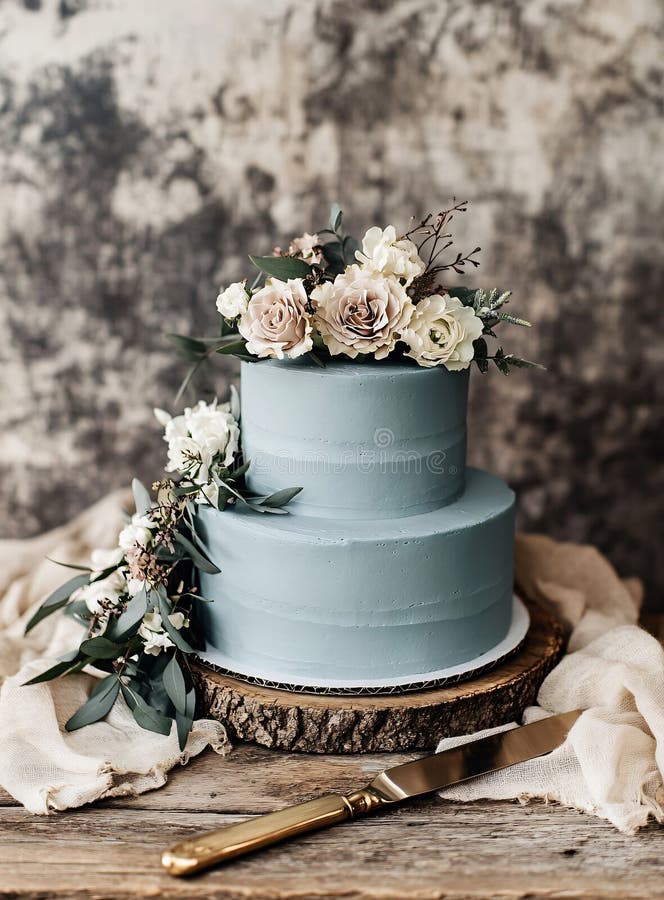 Elegant Two-Tiered Dusty Blue Wedding Cake with High Quality Image ...