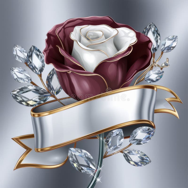 Elegant Two-Tone Rose with Diamonds and Silver Banner on Metallic ...