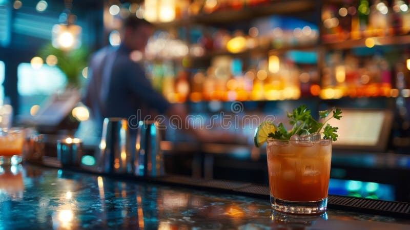 An Elegant Upscale Bar Setting with the Mixologist Behind the Counter ...