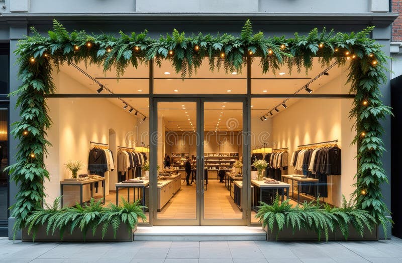 Elegant Urban Boutique with Stylish Window Display and Greenery Stock ...