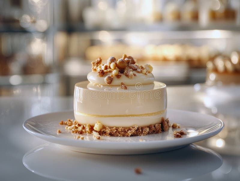 Elegant Vanilla Mousse Cake with Caramel Crumble on White Plate in Cafe ...