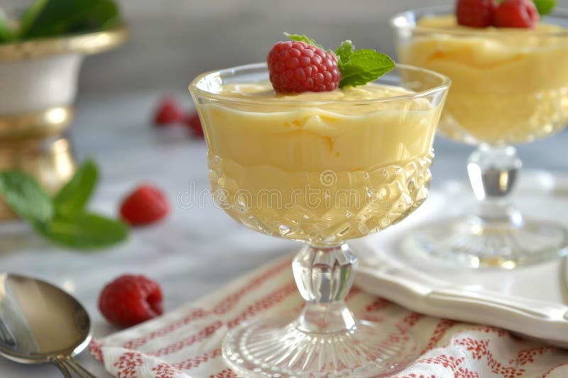 Elegant Vanilla Pudding with Fresh Raspberries Stock Image - Image of ...