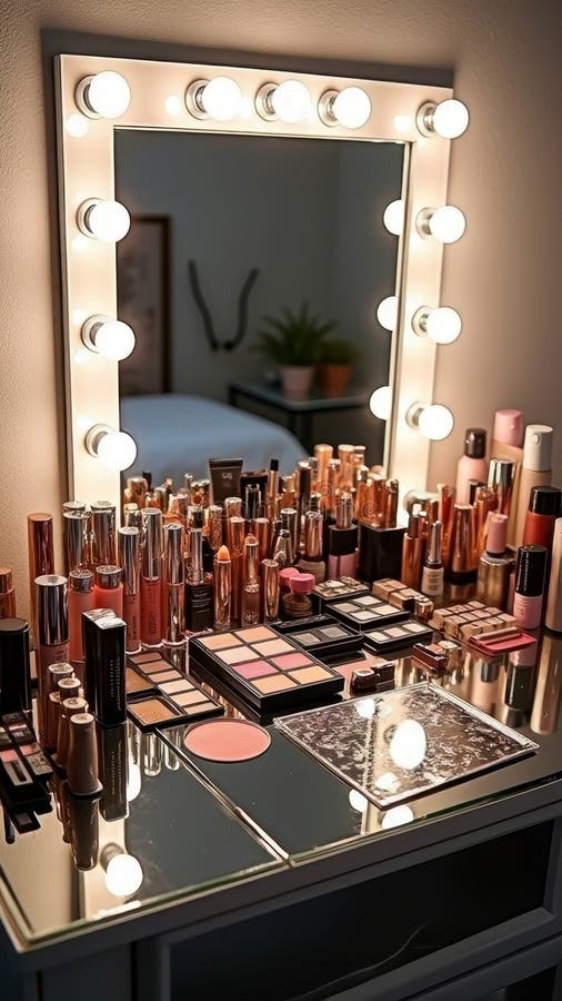 Elegant Vanity Makeup Collection Illuminated Mirror Stock Photos - Free ...