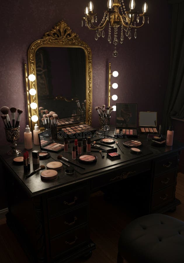 Elegant Vanity Table with Makeup and Cosmetics in Dark Room Stock ...