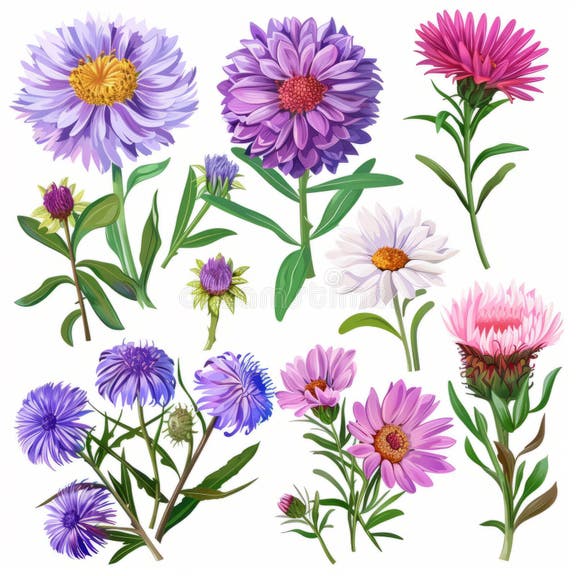 Elegant Vector Illustration of Colorful Asters on a White Background ...