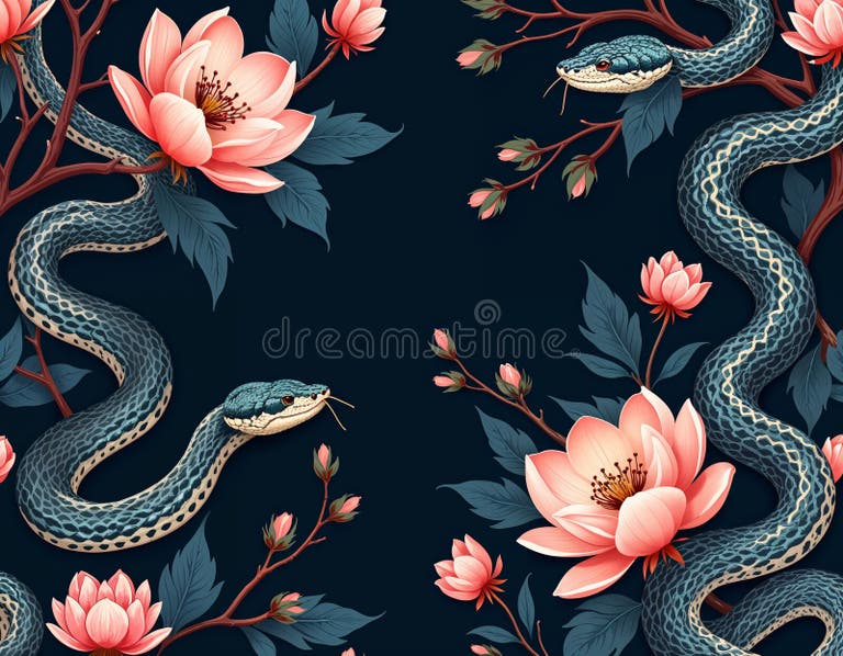 An Elegant Vector Seamless Pattern of Green Snakes and Floral Patterns on a Black Background ...