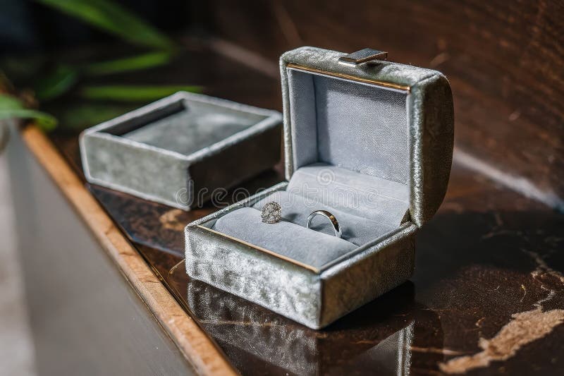 Elegant Velvet Ring Box with Diamond Engagement Ring on Marble Surface ...