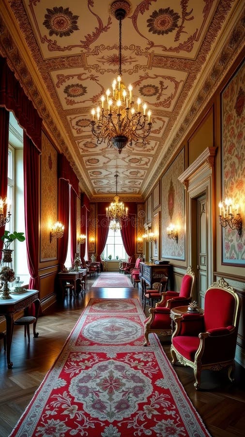 Elegant Victorian Hallway with Luxurious Red Decor and Intricate ...