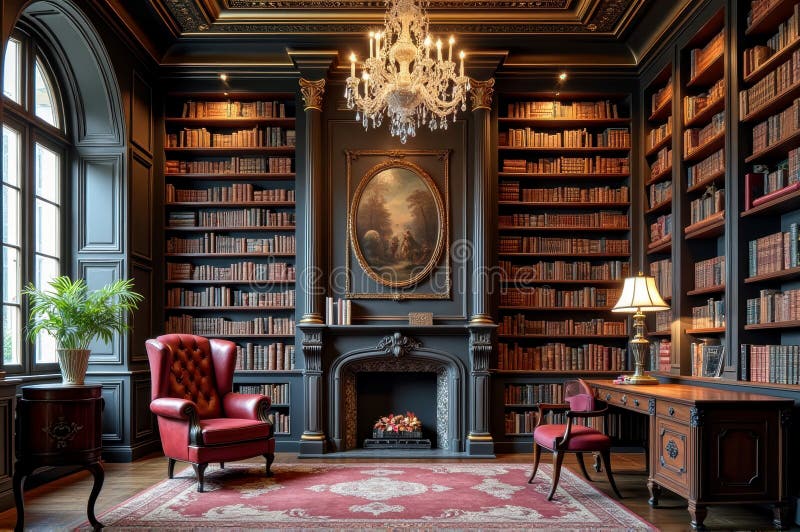 Elegant Victorian Library with Chandelier and Bookshelves Stock Image ...