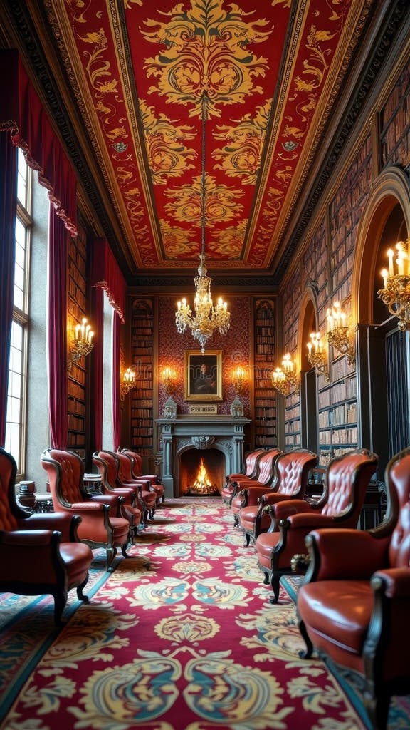 Elegant Victorian Library with Red Decor and Cozy Fireplace Stock Photo ...