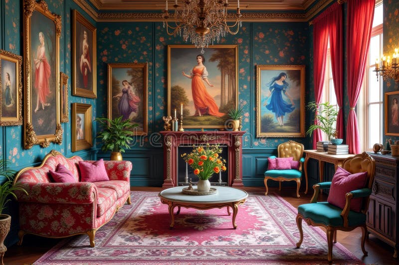Elegant Victorian Parlor with Ornate Decor and Classic Portraits in ...