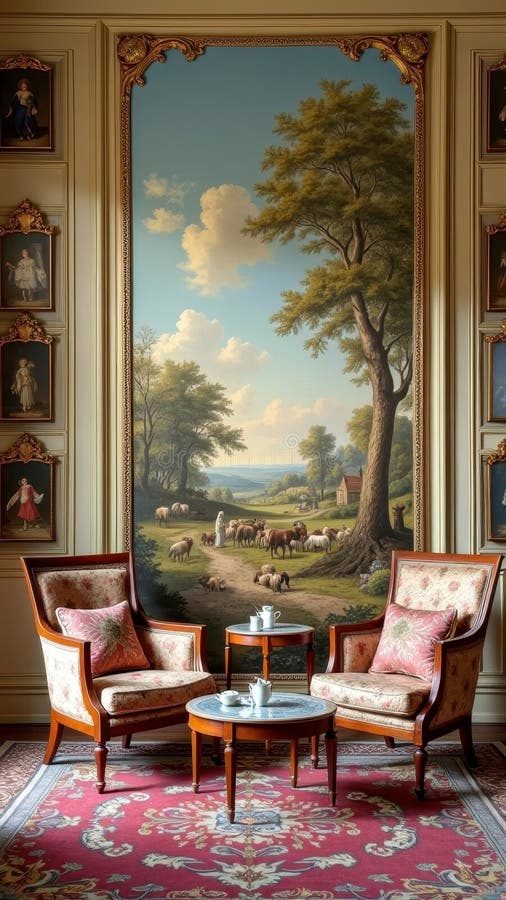 Elegant Victorian Room with Portraits and Pastoral Mural Stock Image ...