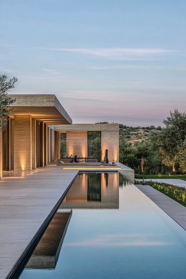 Modern Villa with Serene Pool and Olive Trees at Sunset in a Tranquil ...