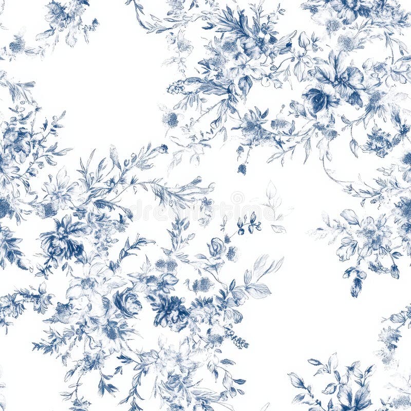 Elegant Vintage Blue Floral Pattern on White Background for Fabric ...