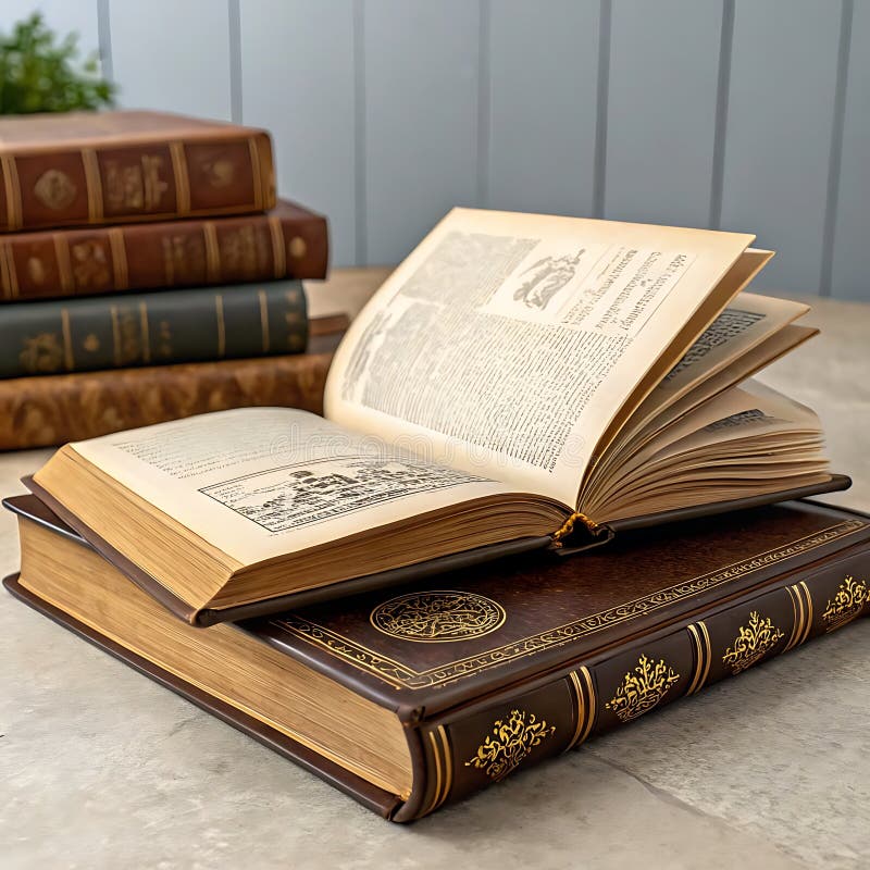 Elegant Vintage Books Stack with Open Book on Rustic Surface Stock ...