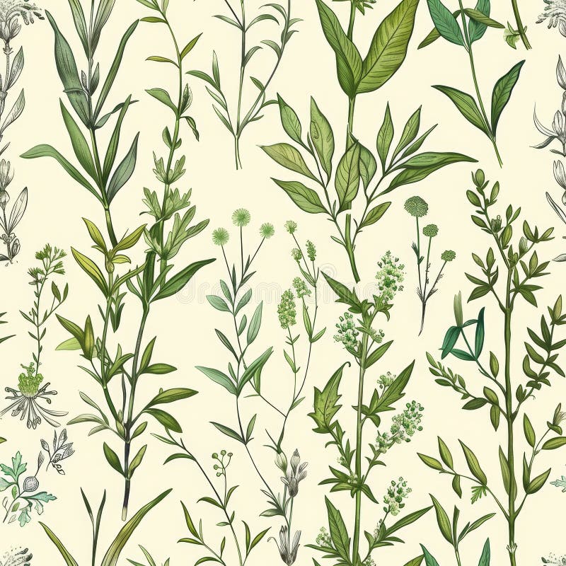 Elegant Vintage Botanical Illustration Pattern with Green Foliage Stock ...