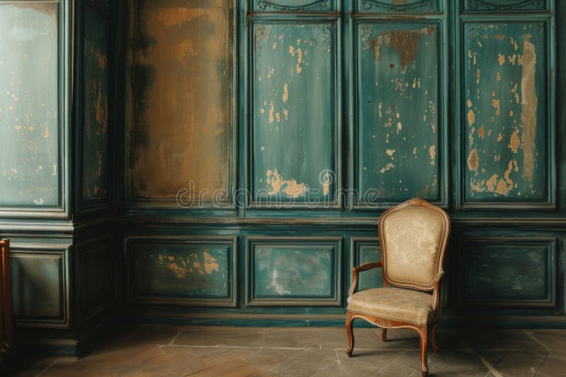 Elegant Vintage Chair Against Distressed Panel Wall Stock Illustration ...