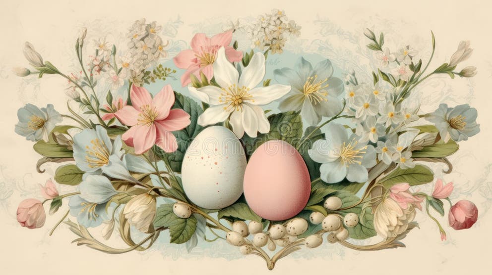 Elegant Vintage Easter Collage with Flowers and Eggs Stock Illustration ...