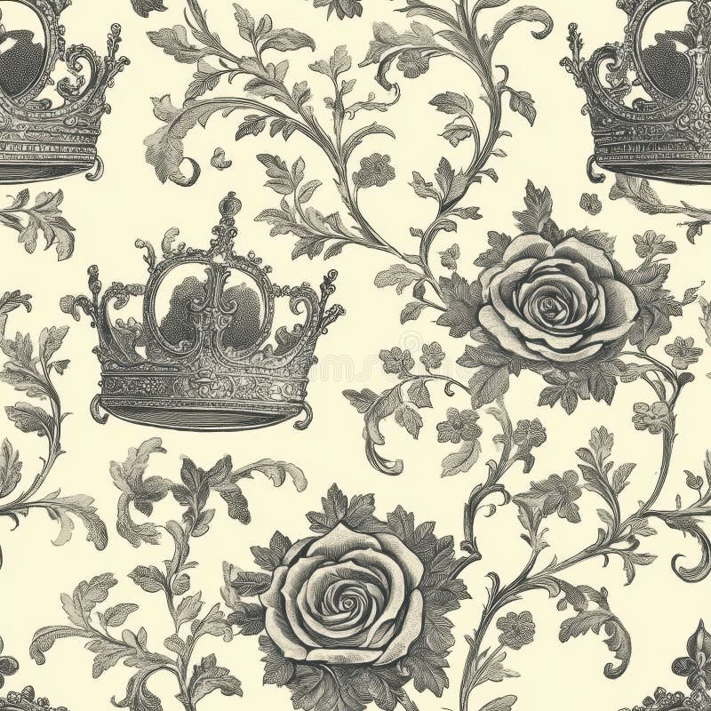 Elegant Vintage Floral and Crown Pattern Wallpaper Design Stock Photo ...