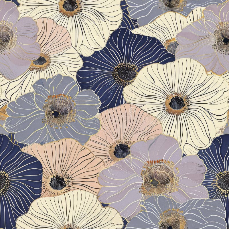 Elegant Vintage Floral Pattern with Navy Blue and Cream Tones Stock ...