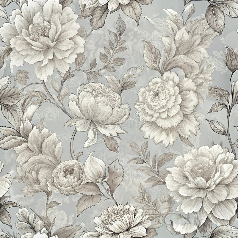 Elegant Vintage Floral Pattern with Peonies and Leaves on Subtle Gray Background Stock Image ...
