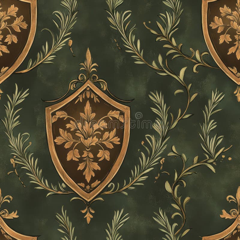 Elegant Vintage Floral Shield Pattern on Dark Green Background Stock ...