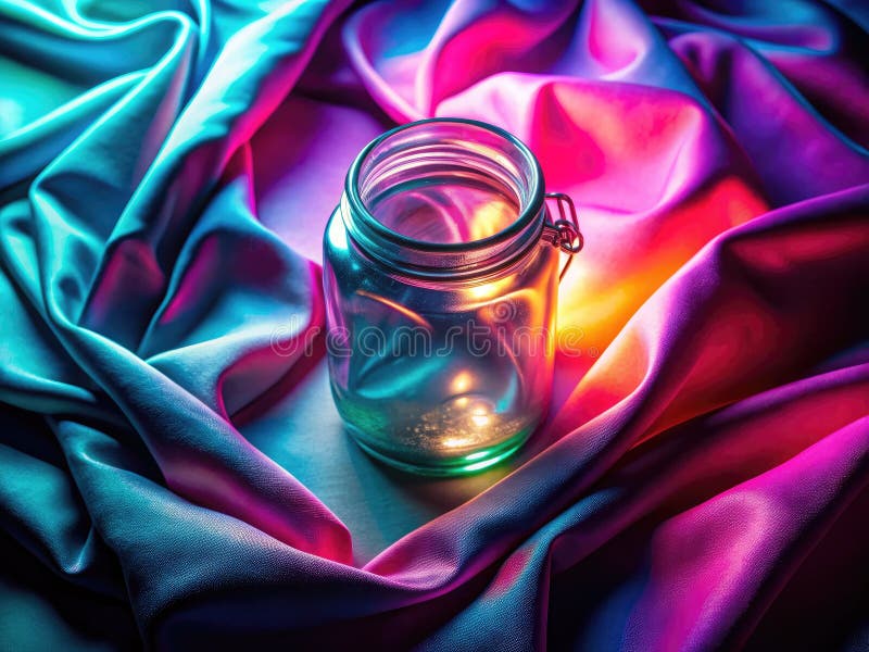 Elegant Vintage Jar Flat Lay with Neon Lights and Fabric Textures a ...