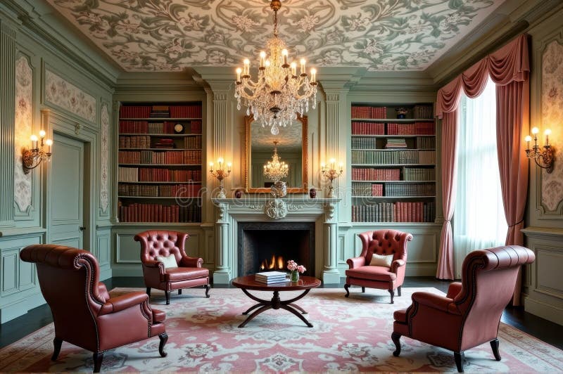 Elegant Vintage Library with Leather Chairs and Chandelier in Classic ...