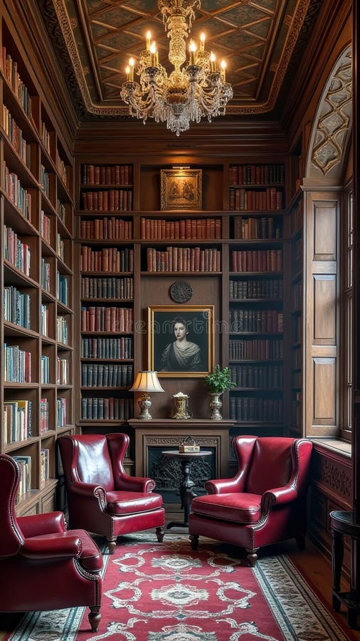 Elegant Vintage Library with Red Armchairs and Bookshelves Stock Image ...