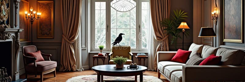 Elegant Vintage Living Room with Large Window and Raven Silhouette ...