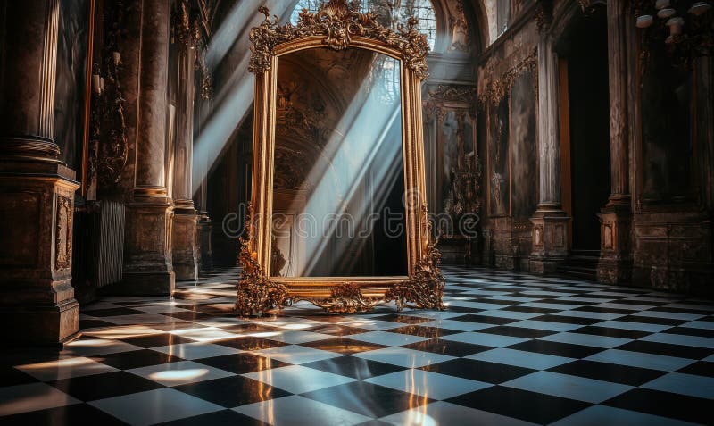 Elegant Vintage Mirror in Grand Hall with Dramatic Lighting and ...